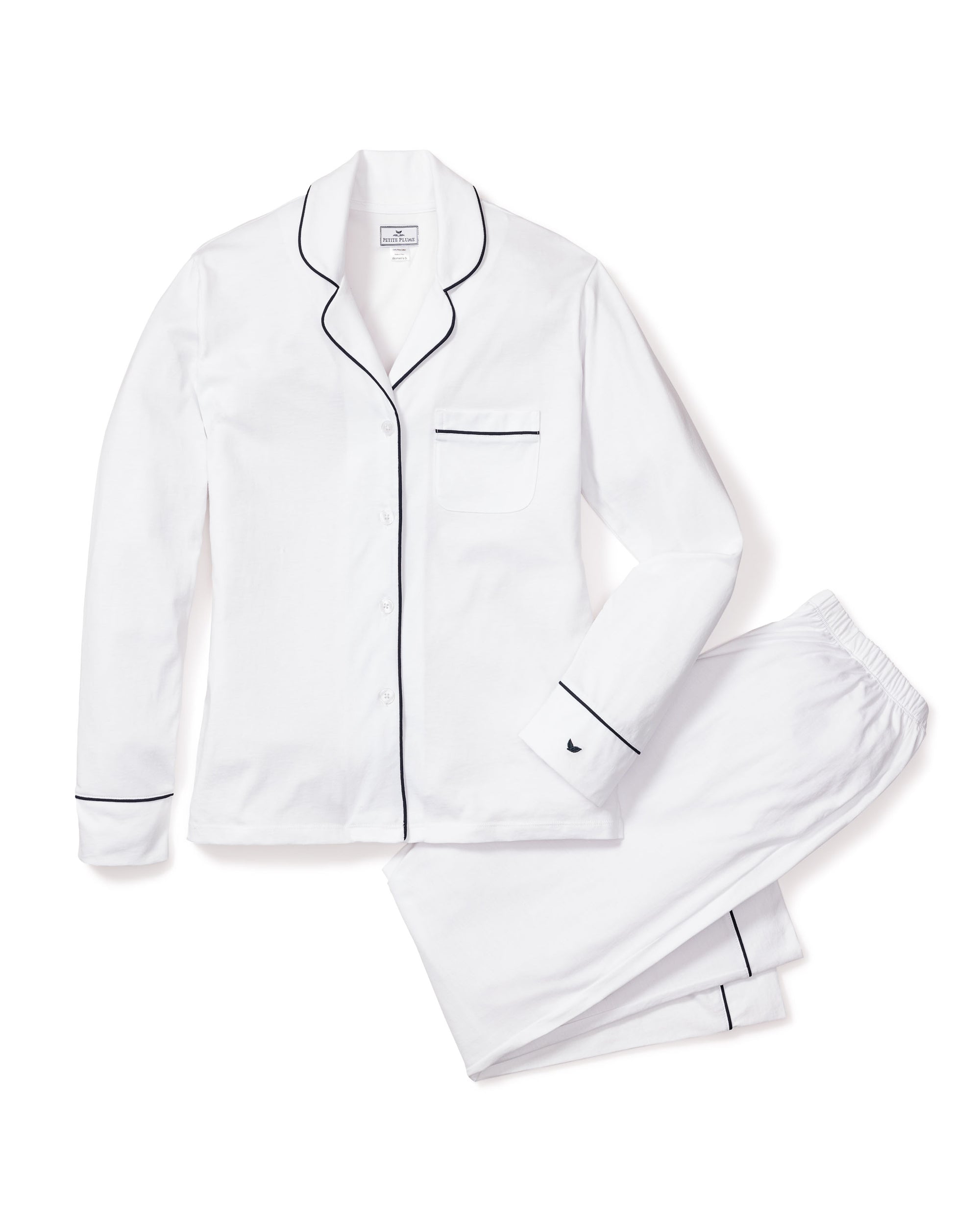 Women's Luxe White Pajama Set with Navy Piping | Petite Plume