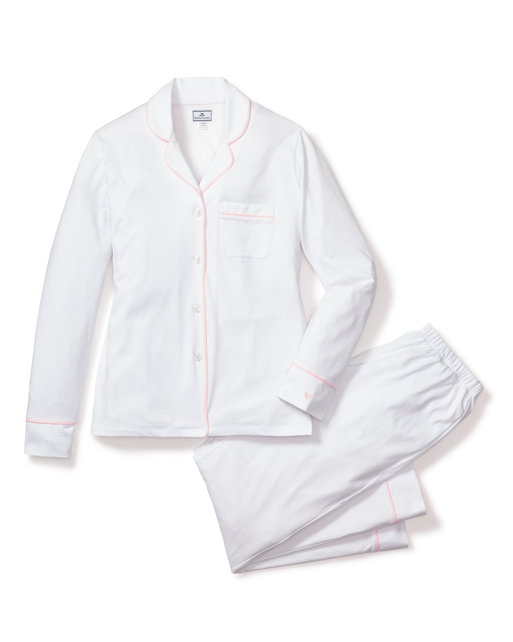 Women's Luxe Pima White Pajama Set with Pink Piping | Petite Plume