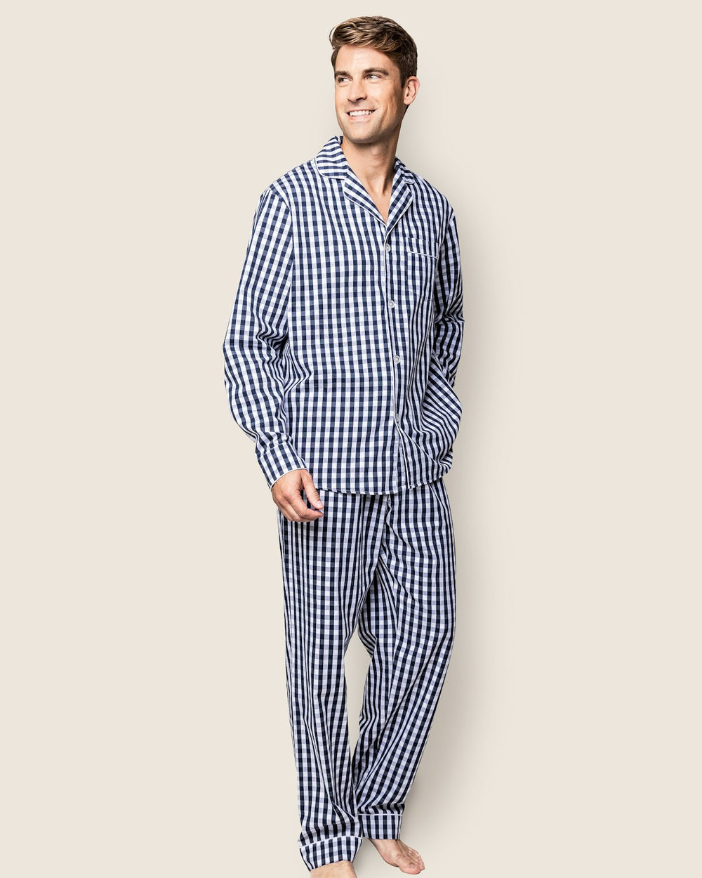 Men's Navy Gingham Twill Pajamas | Petite Plume