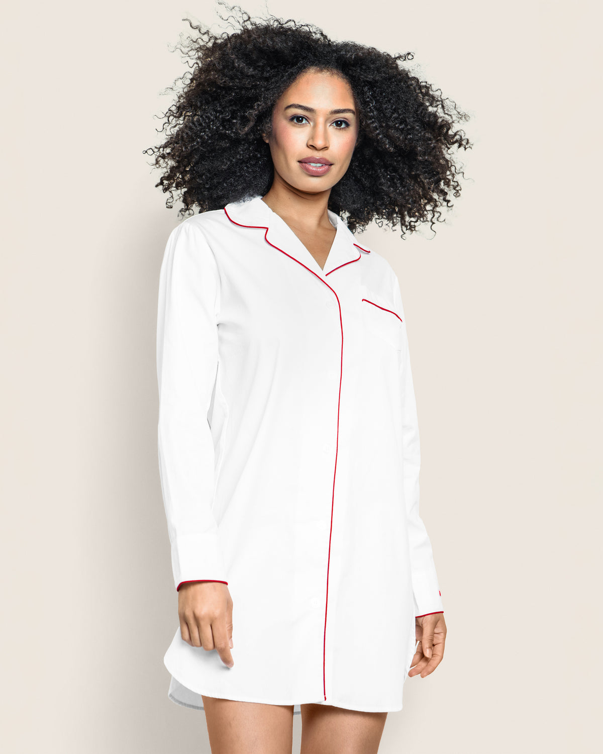 Women's Twill Nightshirt in White with Red Piping