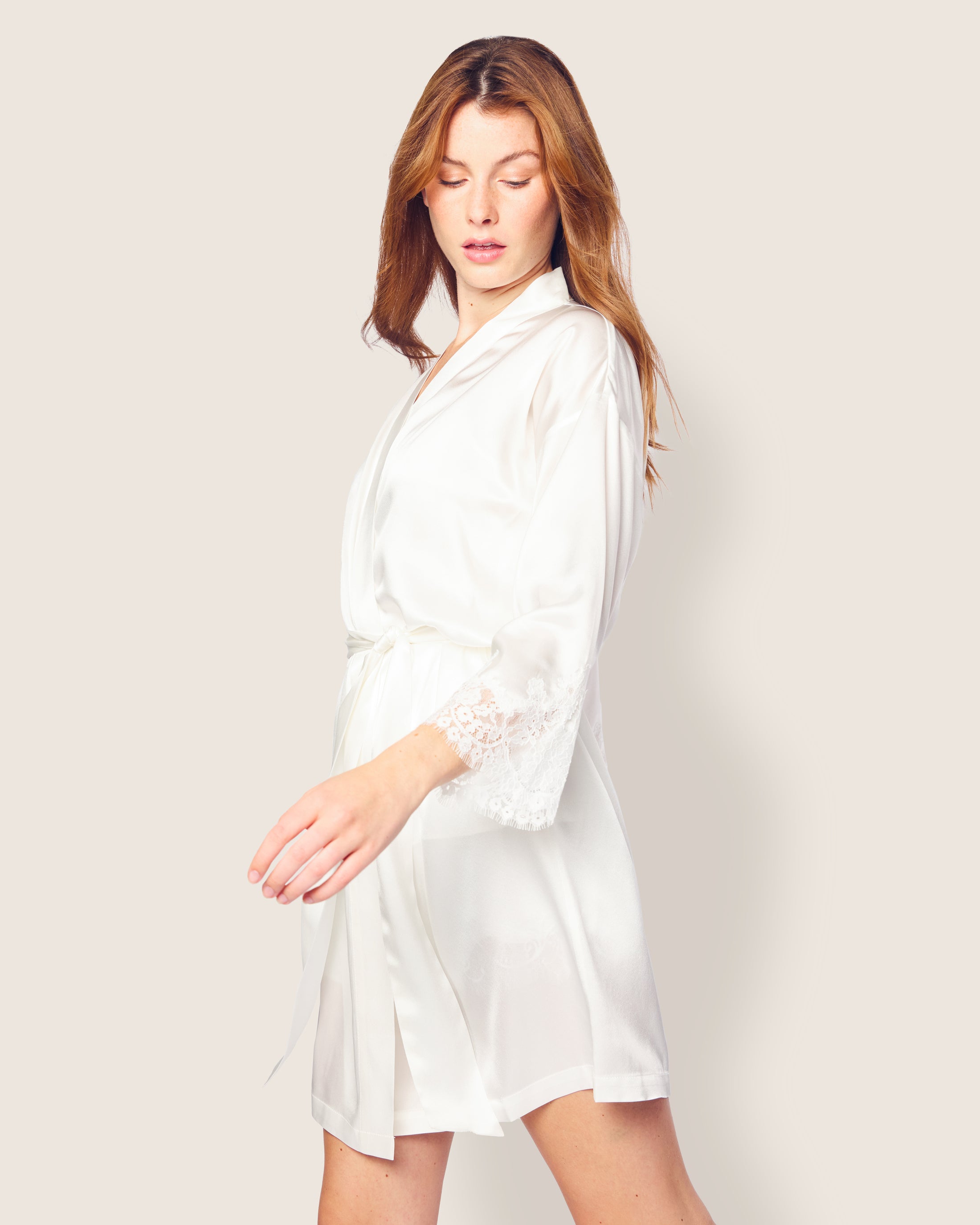 Women's White Silk lace Robe | Petite Plume