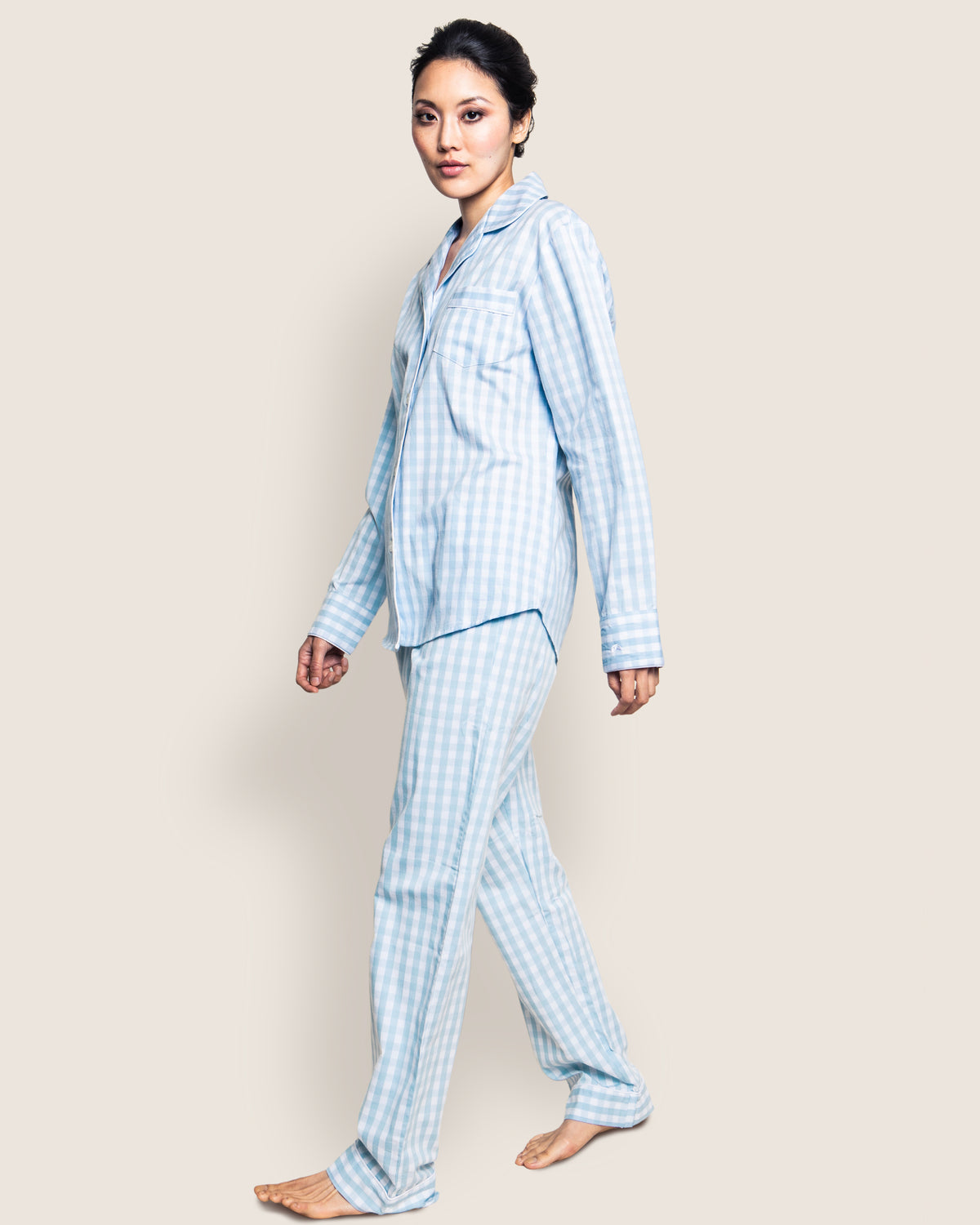 Women's Light Blue Gingham Cotton Pajama Set | Petite Plume