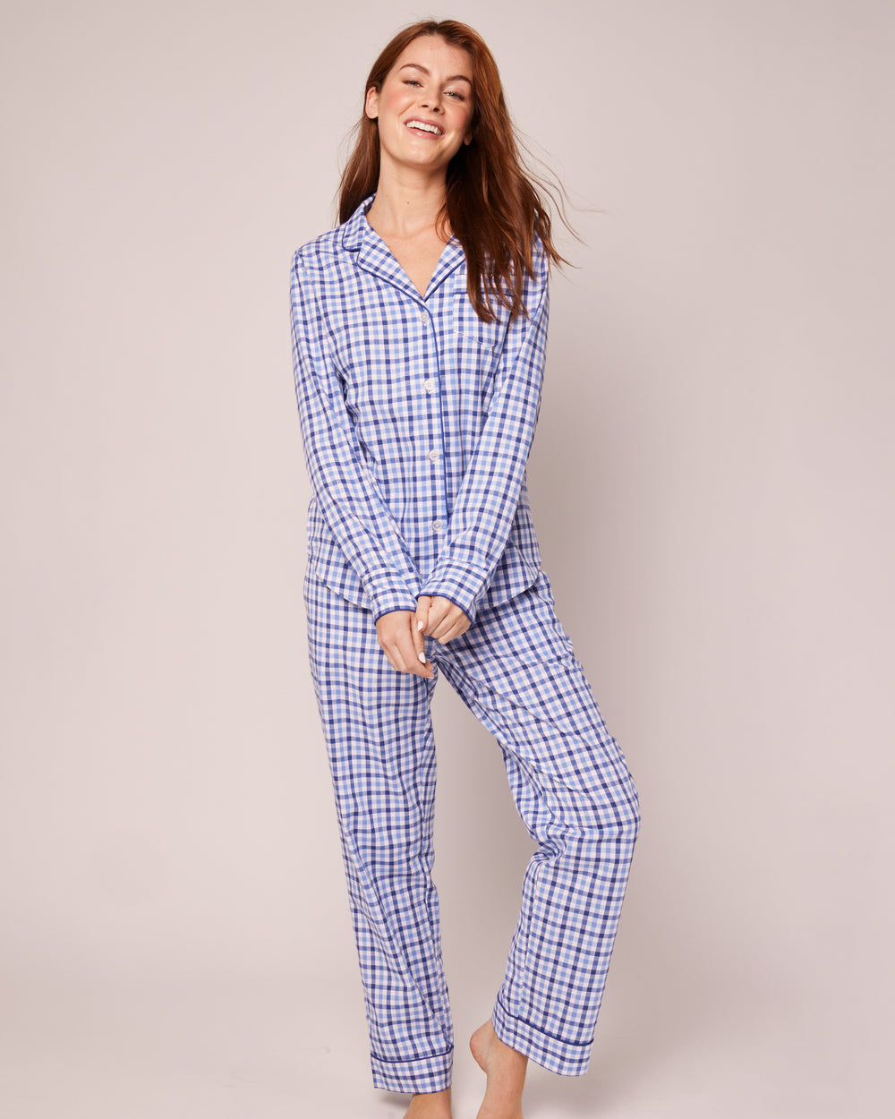 Women's Twill Royal Blue Gingham Pajama Set | Petite Plume
