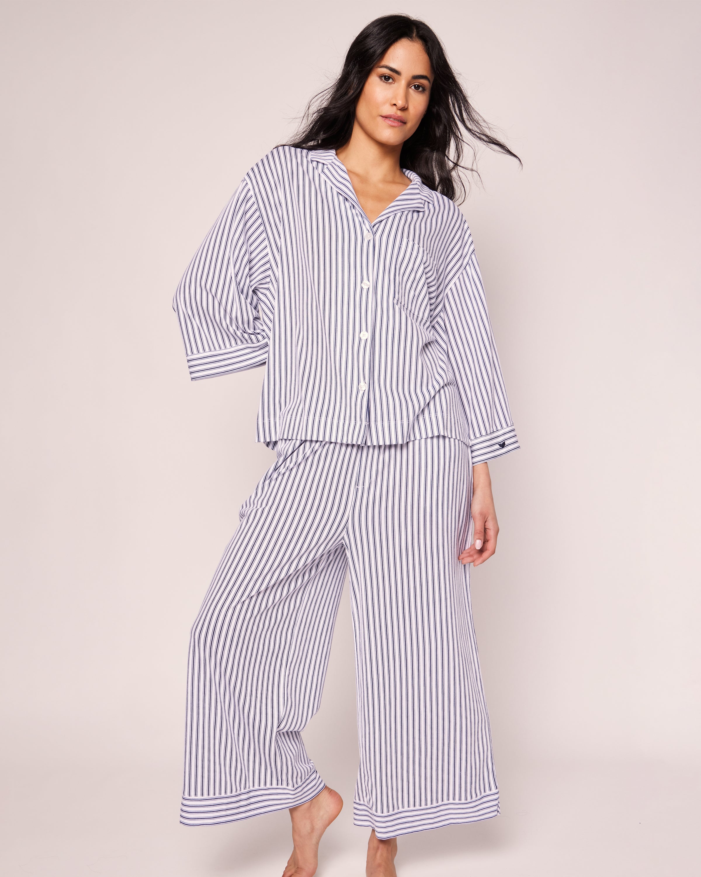 Women's Luxe Pima Navy French Ticking Wide Leg Pajama | Petite Plume