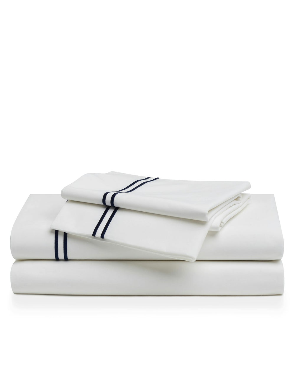 Luxe Premium Percale Bed Sheets in White with Navy Piping