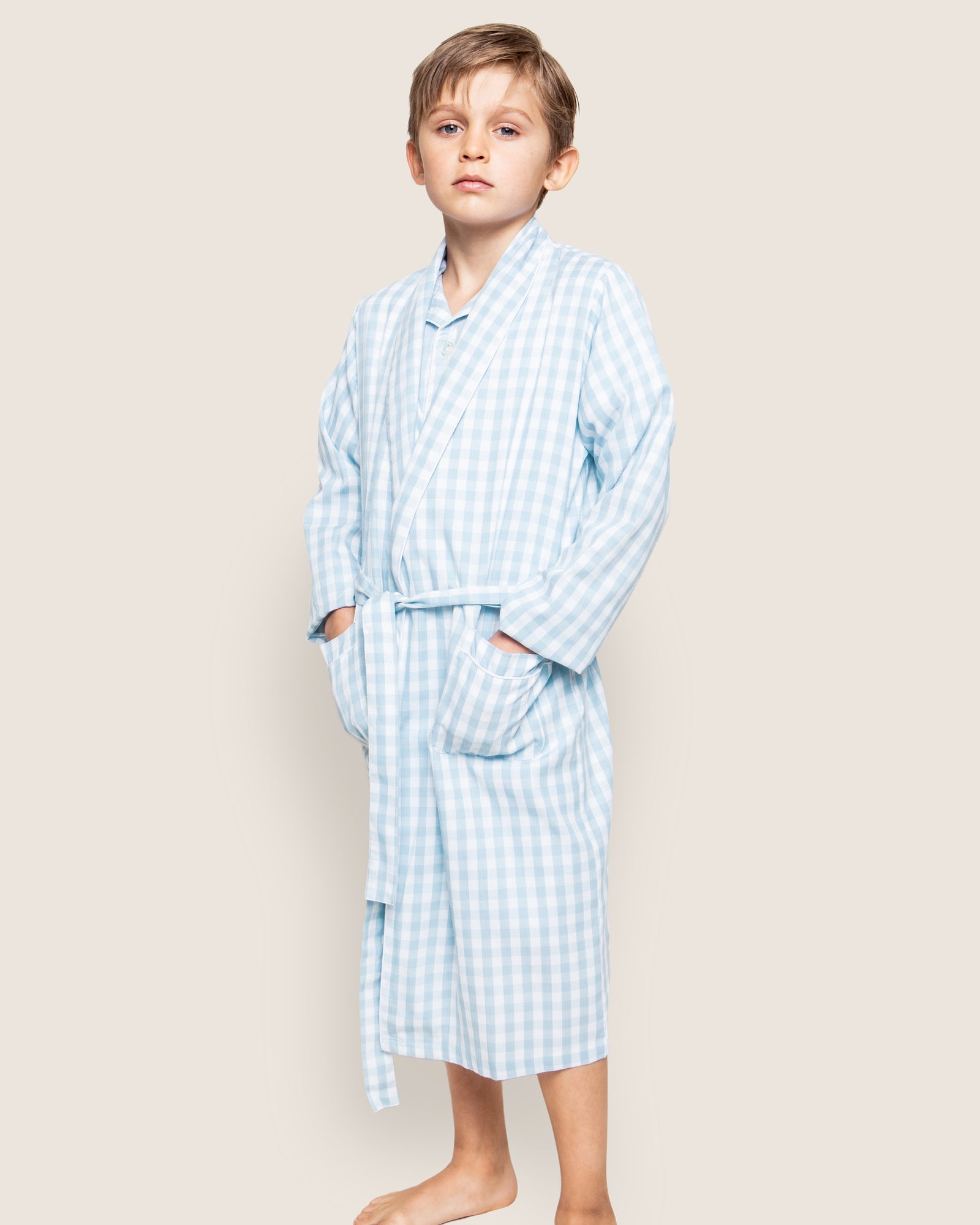 Boy's Light Blue Gingham Robe | Petite Plume