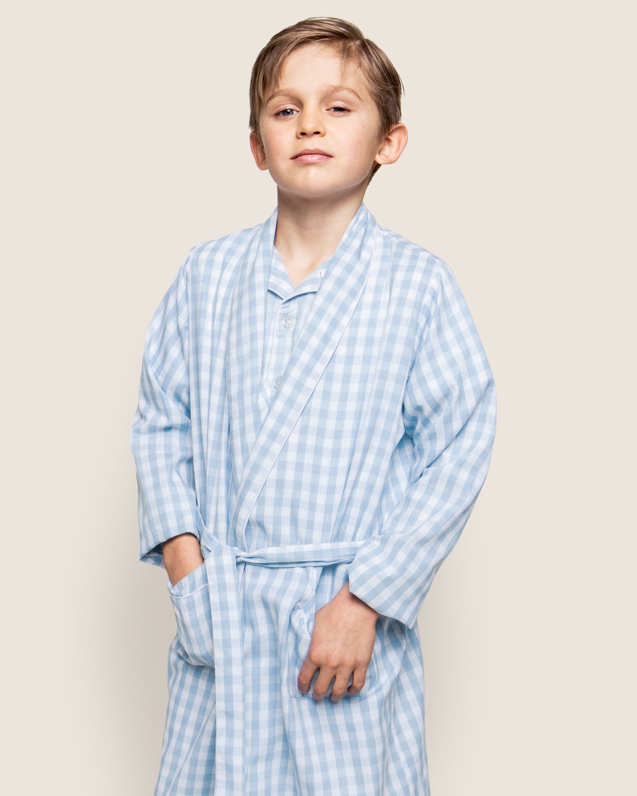 Boy's Light Blue Gingham Robe | Petite Plume
