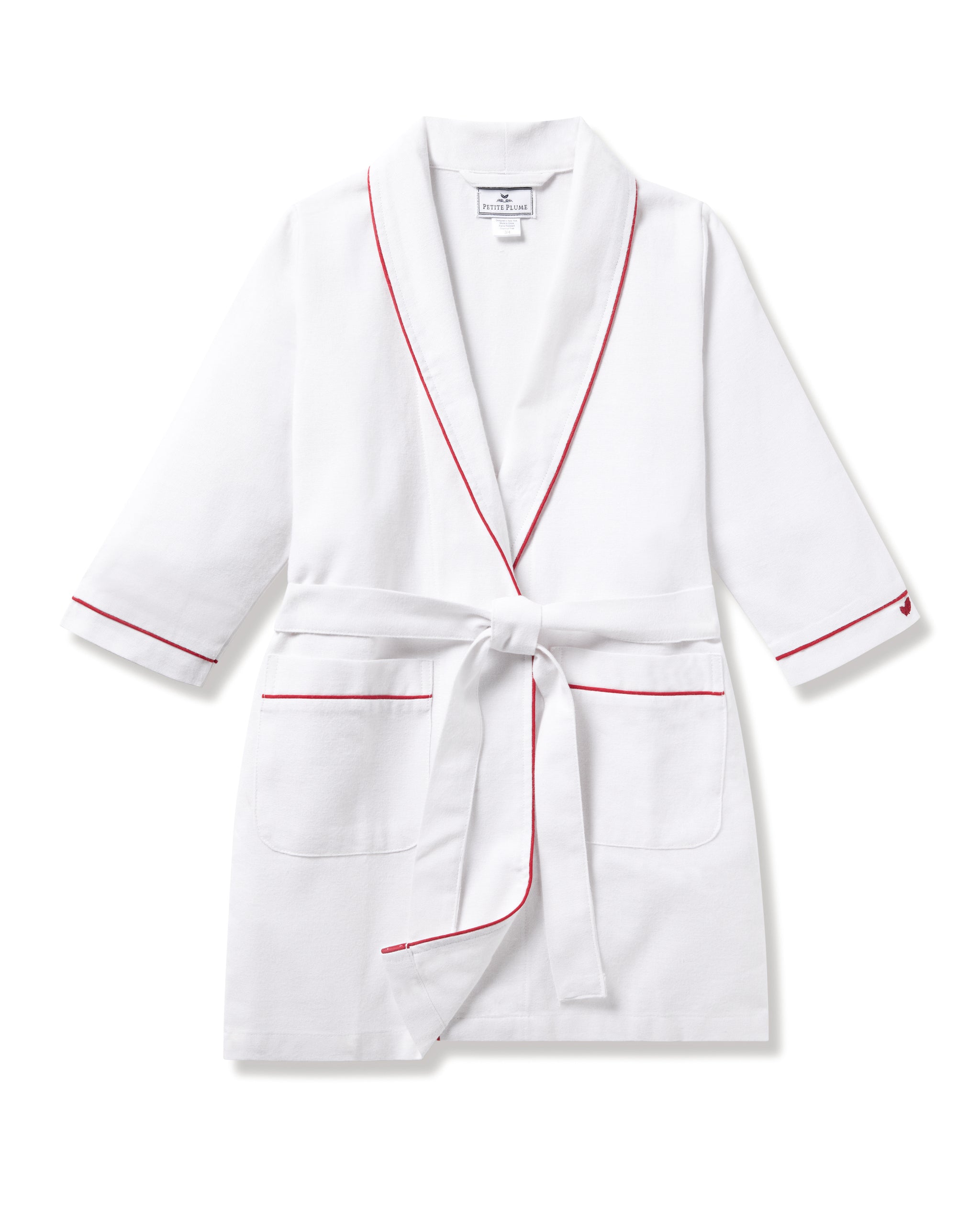 Kid's Flannel Robe in White with Red Piping
