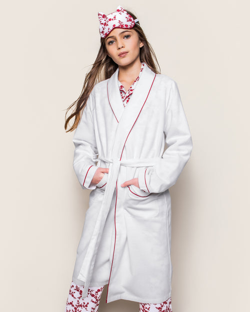 Kid's Flannel Robe in White with Red Piping