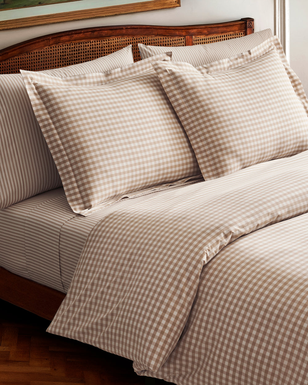 Camel Gingham and Camel Ticking Bedding Set