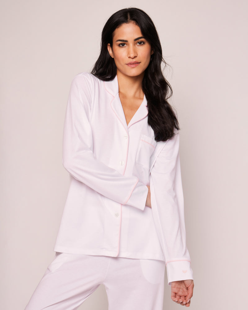 Women's Luxe Pima White Pajama Set with Pink Piping | Petite Plume