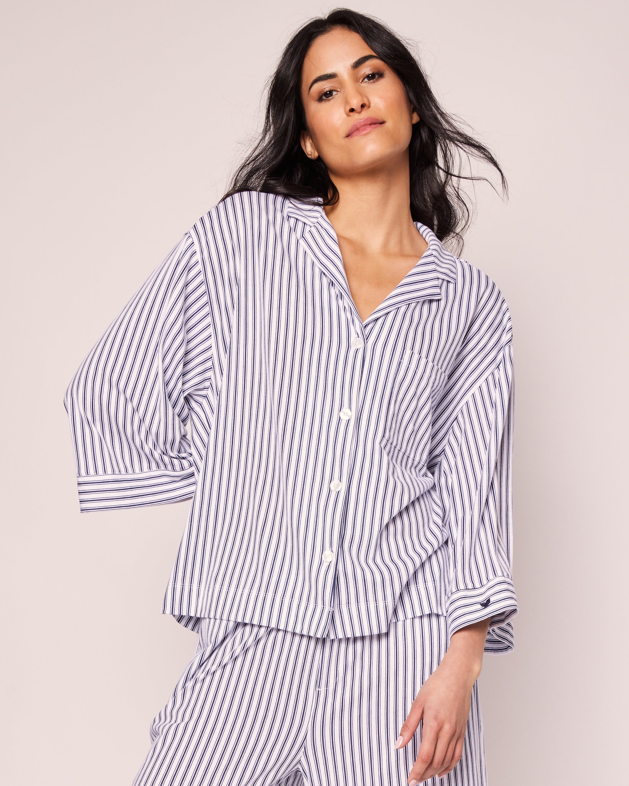 Women's Luxe Pima Navy French Ticking Wide Leg Pajama | Petite Plume