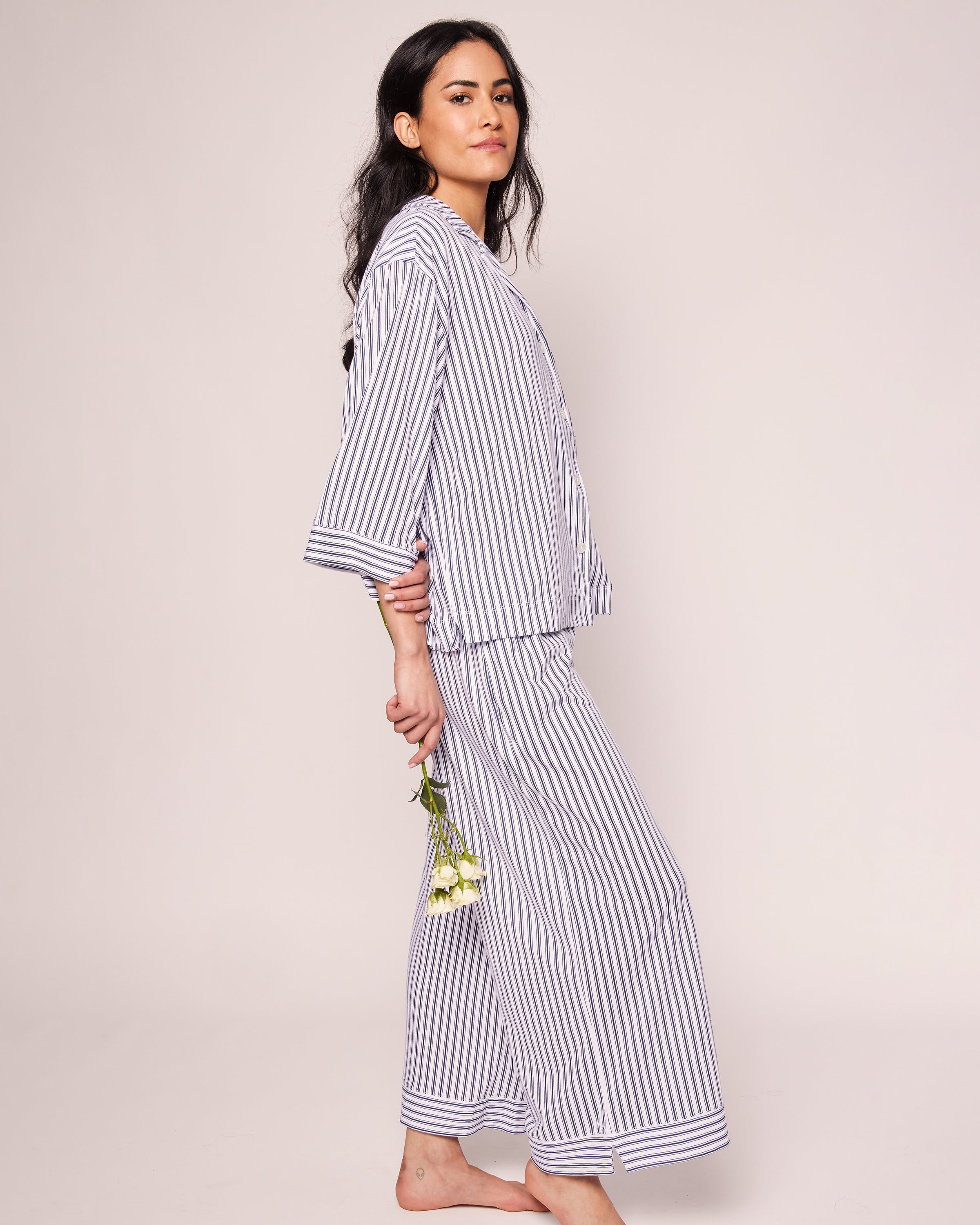 Women's Luxe Pima Navy French Ticking Wide Leg Pajama | Petite Plume
