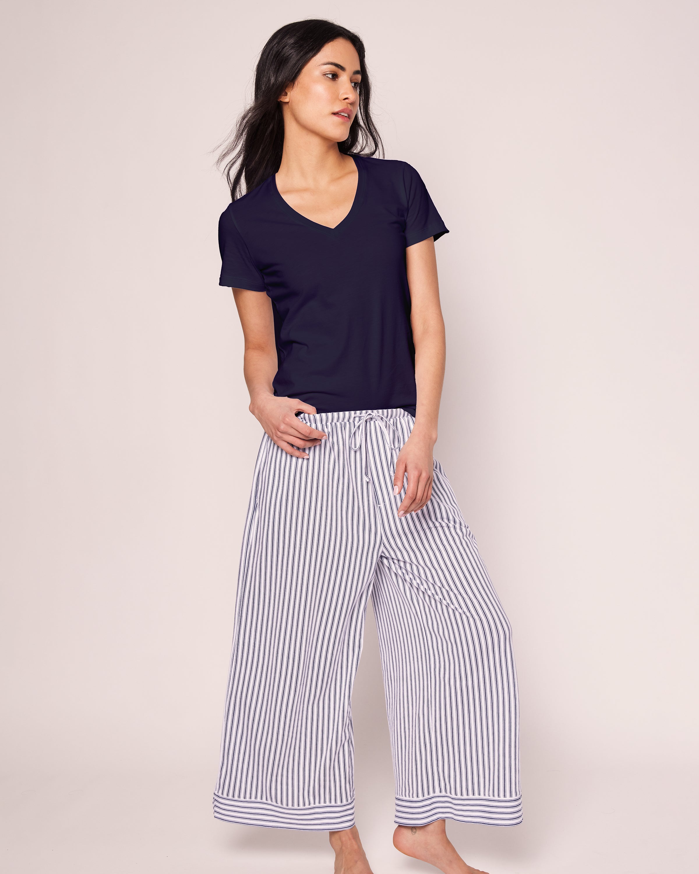 Women's Luxe Pima Navy French Ticking Wide Leg Pajama | Petite Plume