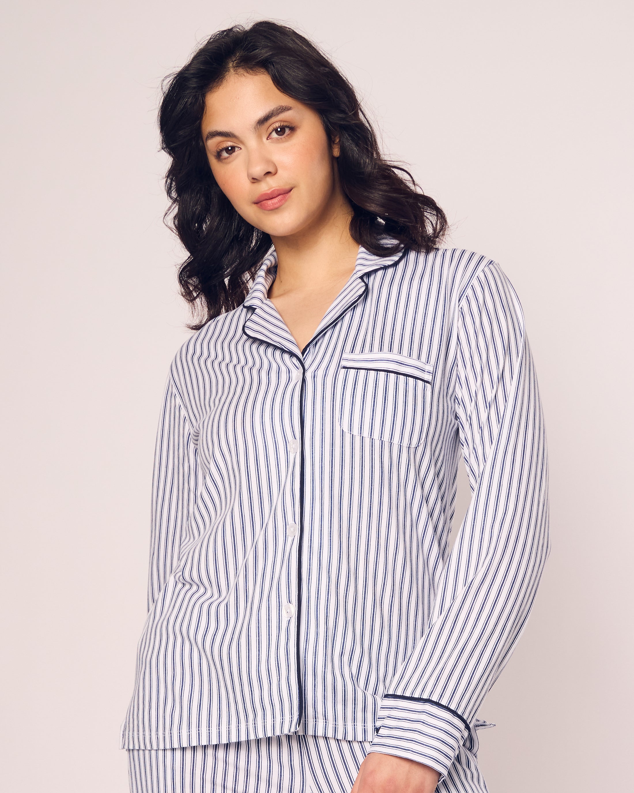 Women's Luxe Pima Navy French Ticking Pajama Set | Petite Plume