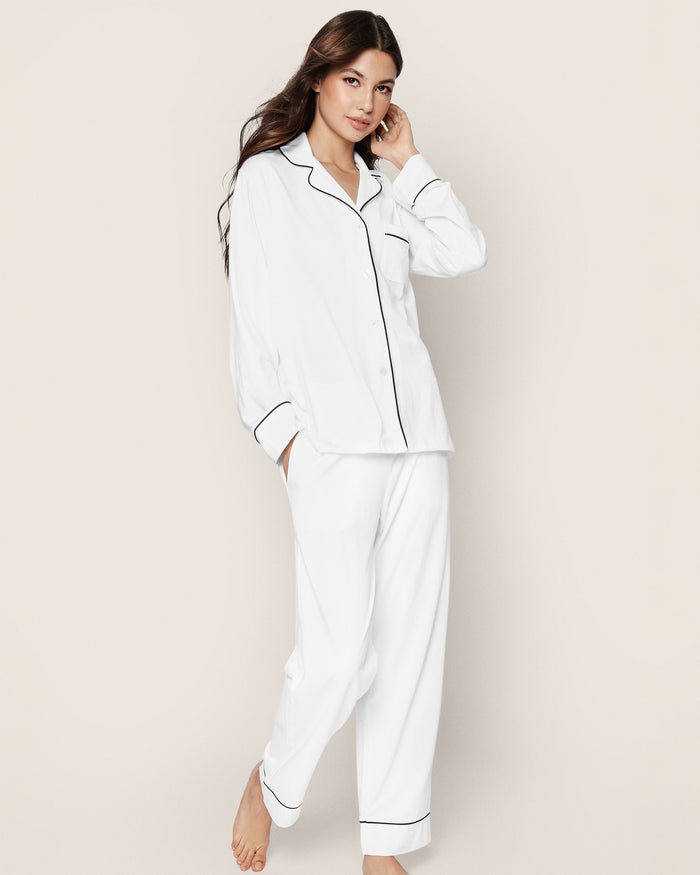 Women's Luxe White Pajama Set with Navy Piping | Petite Plume