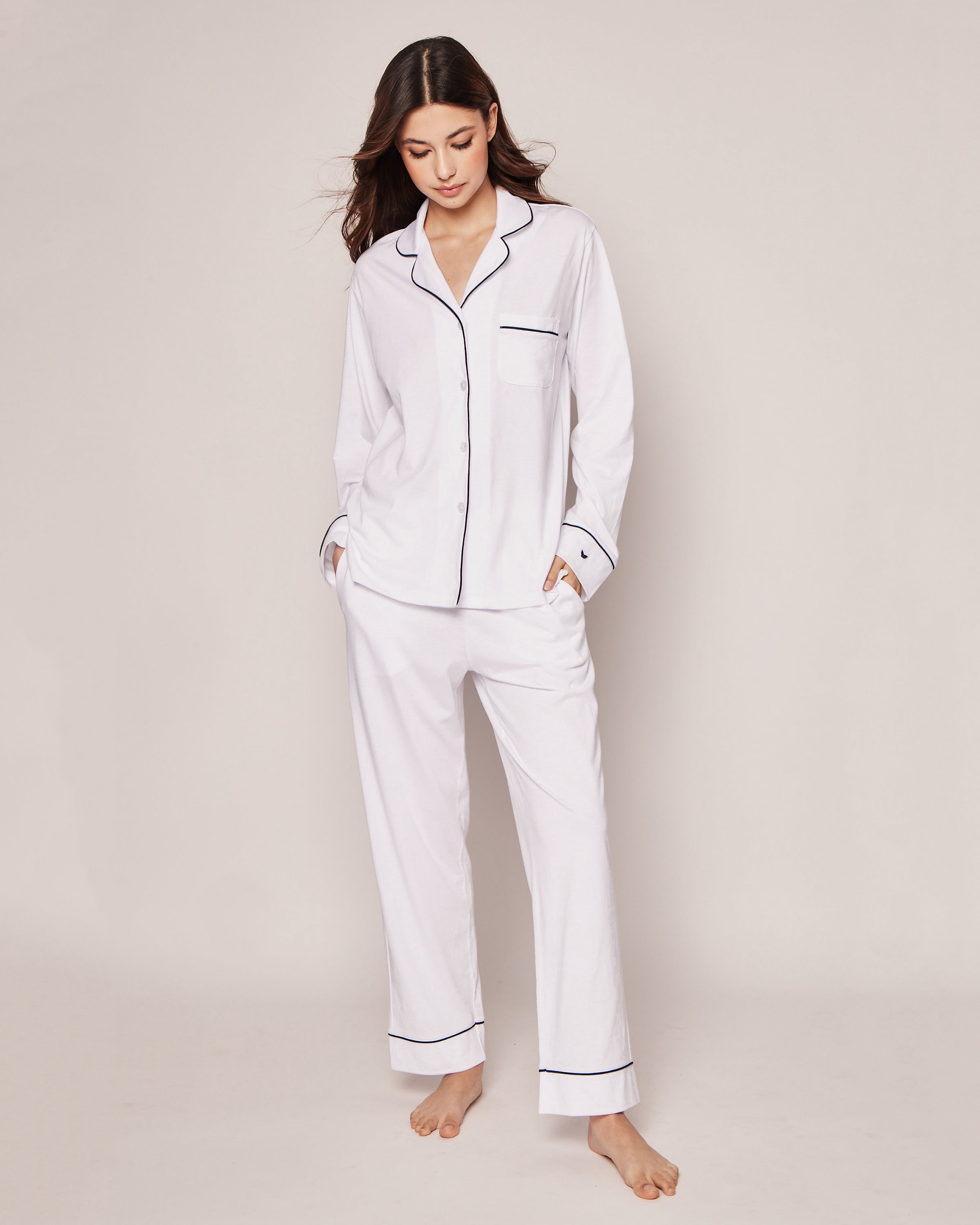 Women's Luxe White Pajama Set with Navy Piping | Petite Plume