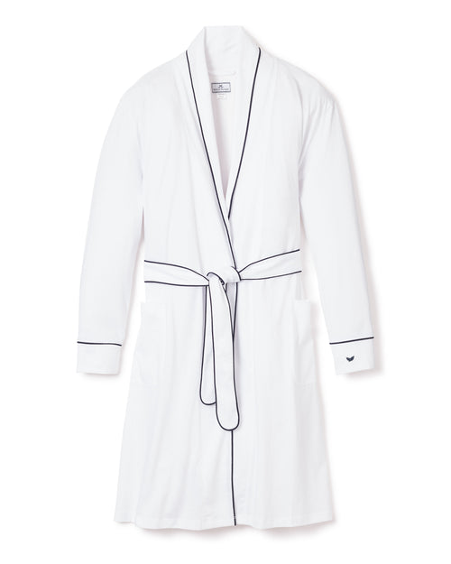Luxe Pima Men's White with Navy Piping Robe | Petite Plume
