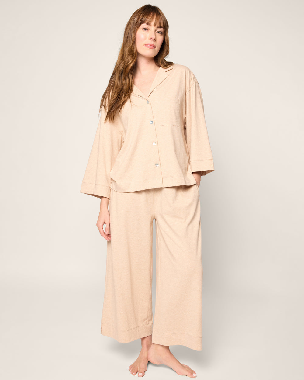 The Olivia Wide Leg Pima Pajama Set in Camel