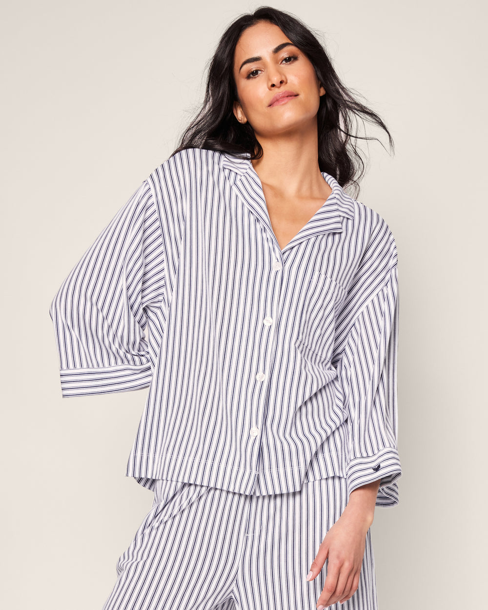The Olivia Wide Leg Pima Pajama Set in Navy French Ticking | Petite Plume