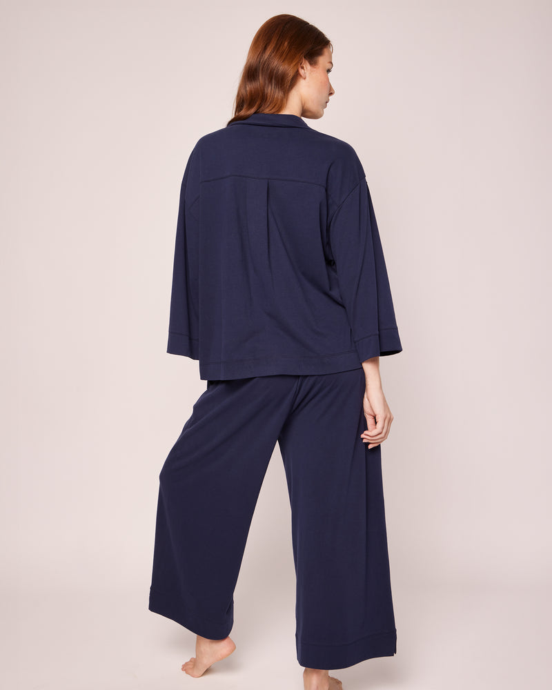 Women's Luxe Pima Navy French Ticking Wide Leg Pajama | Petite Plume