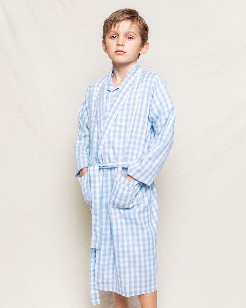 Boy's Light Blue Gingham Robe | Petite Plume