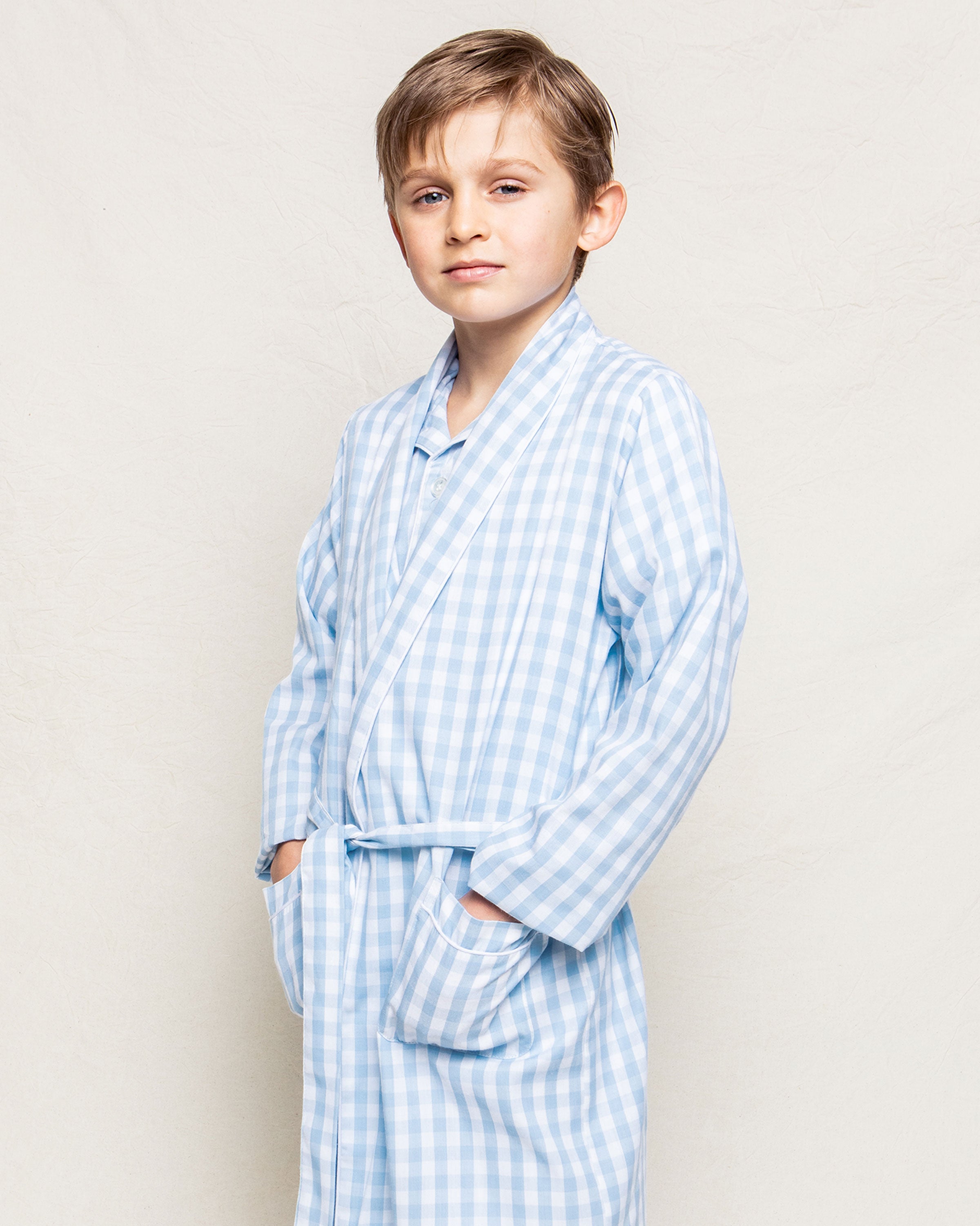 Boy's Light Blue Gingham Robe | Petite Plume
