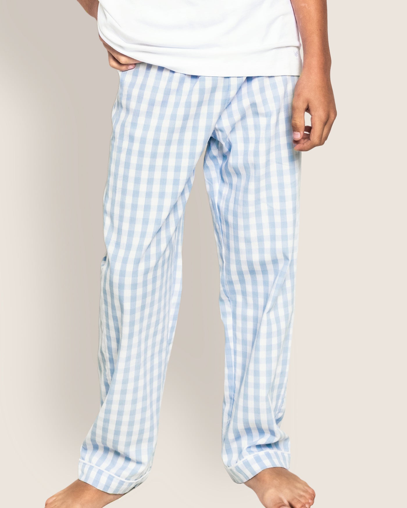 Kid's Twill Pajama Pants in Light Blue Gingham | Petite Plume