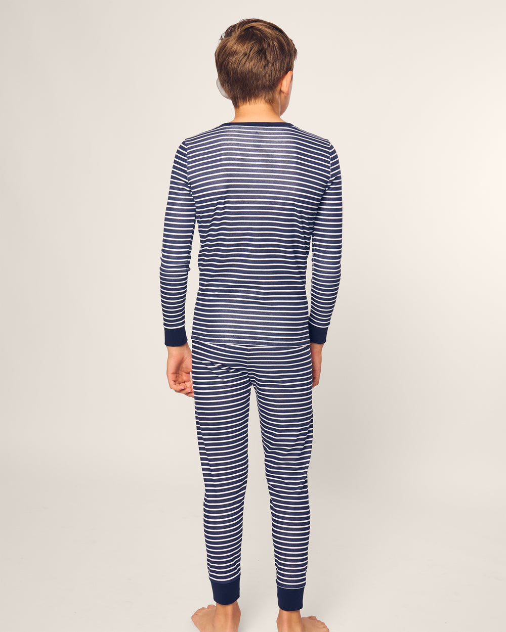 Kid's Pima Snug Fit Pajama Set in Navy Stripe | Petite Plume