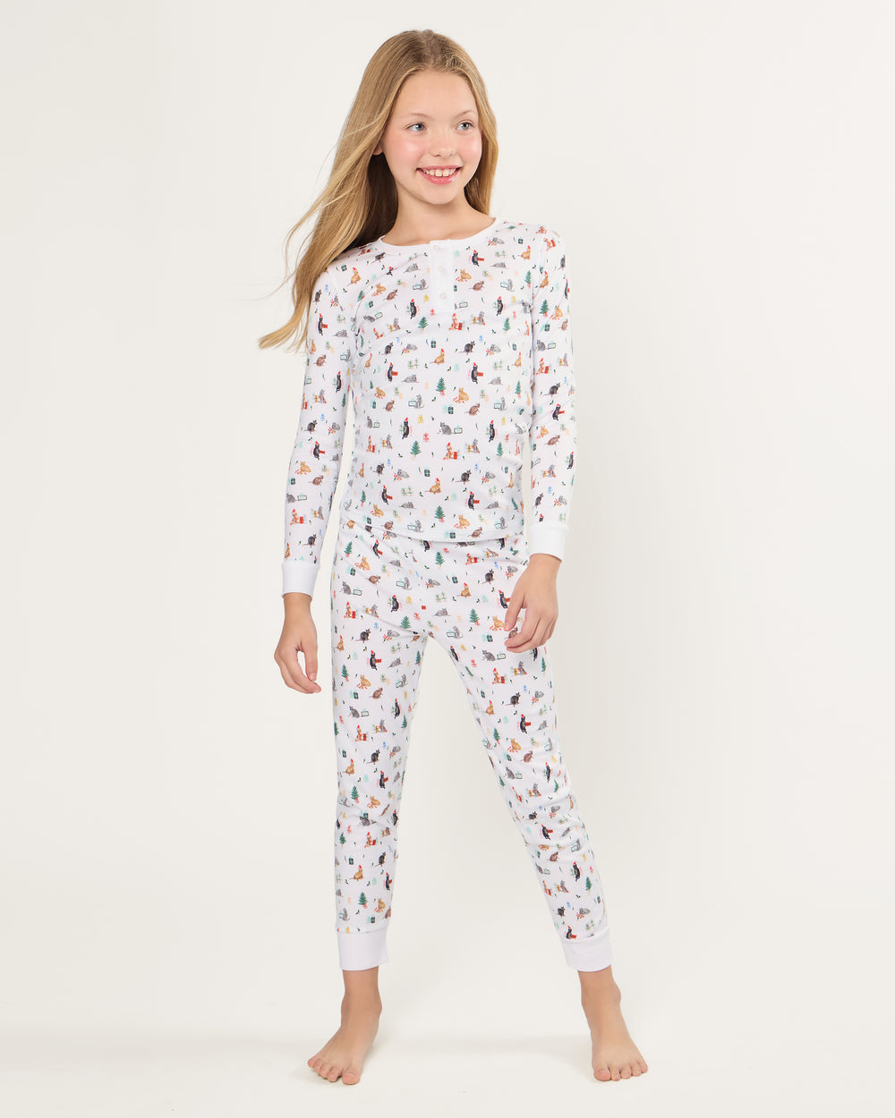 Kid's Pima Snug Fit Pajama Set in Merry Meow