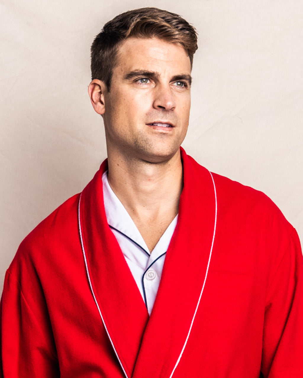 Men's Flannel Robe in Red with White Piping – Petite Plume