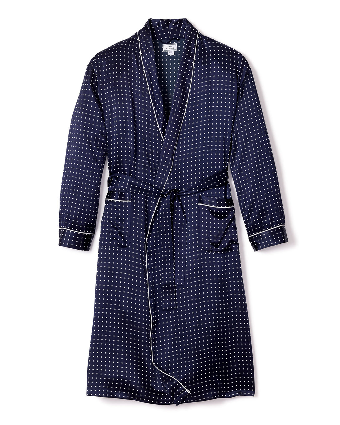 Men's Silk Long Robe in Navy Polka Dot