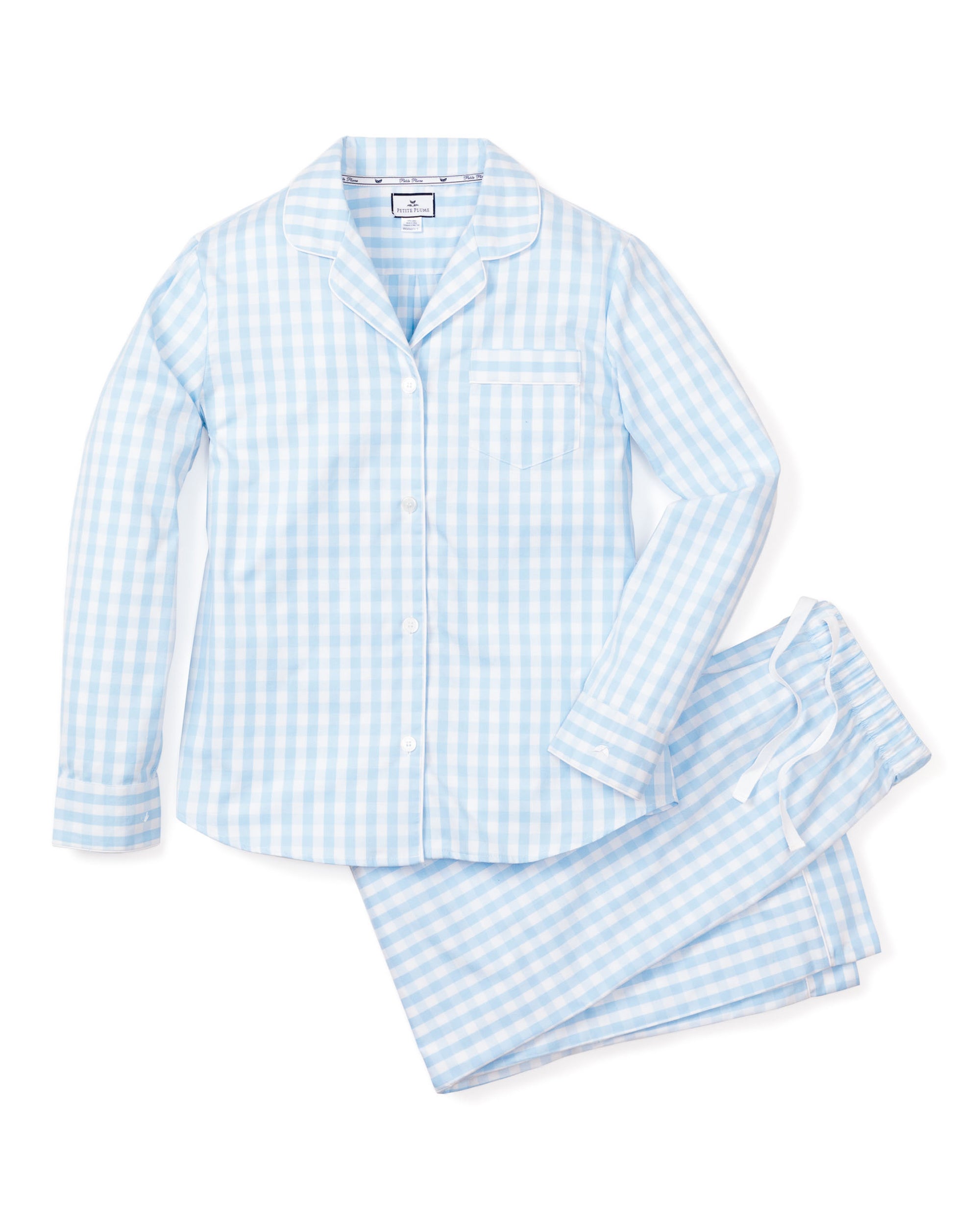 Women's Light Blue Gingham Cotton Pajama Set | Petite Plume