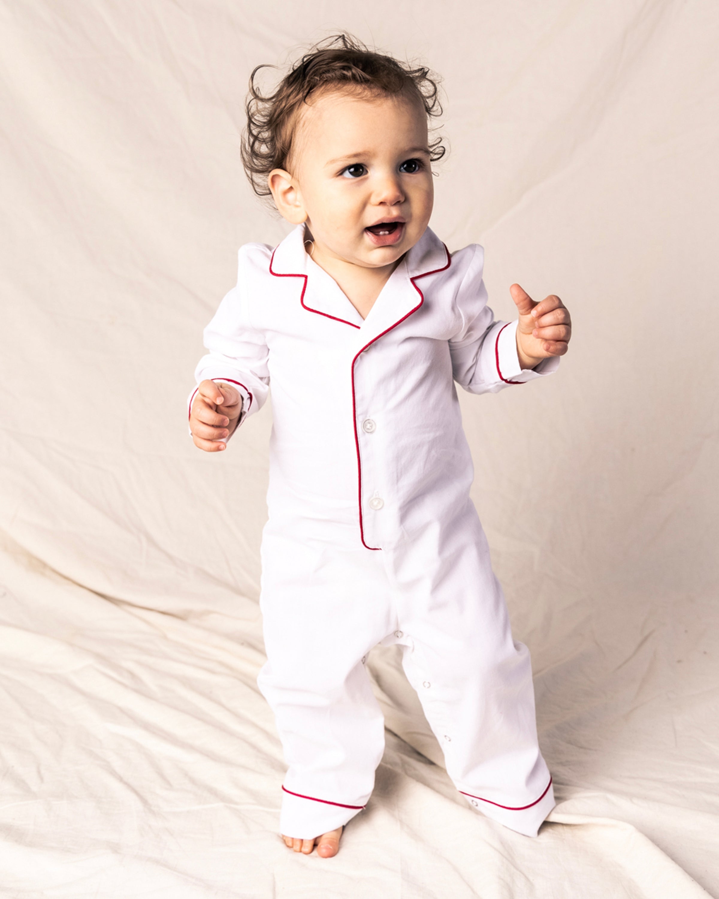 Infant's White Festive Romper with Red Piping | Petite Plume